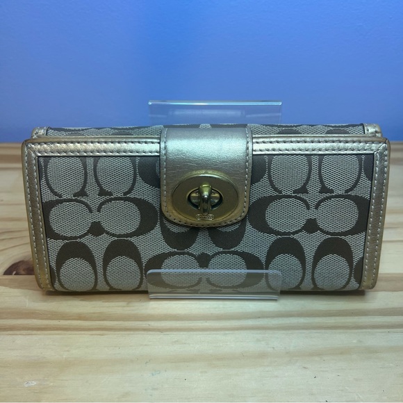 Coach | Bags | Coach Signature Canvas Turn Lock Wallet Gold And Tan ...